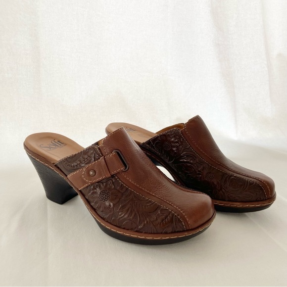 Sofft | Shoes | Sofft Dory Tooled Brown Leather Embossed Mule Clogs ...